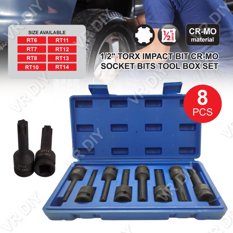 (8Pcs) 1/2″ Impact Ribe Bit RT Type CR-MO Socket Bits Tool Box Set RT ...