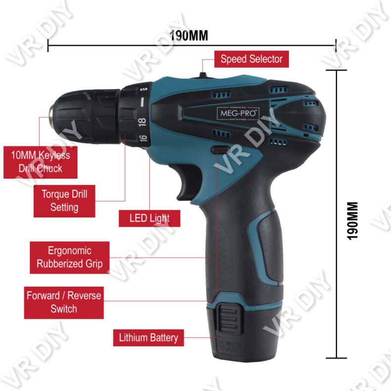MEG-PRO 12v Cordless Electric Drill Li10S2 Portable Dual Speed Hand ...