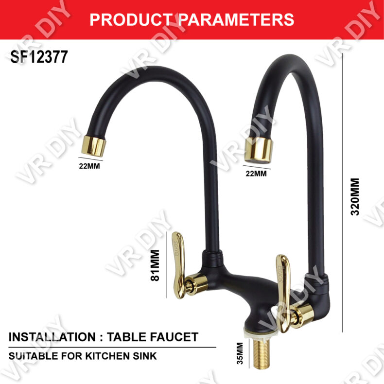 Sofia Double Twin Wall/Pillar Sink Water Tap Black Gold Kitchen Faucet ...