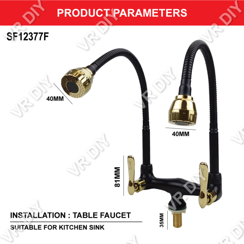 Sofia Double Way Sink Water Tap Wall/Pillar Flexible Neck Black Gold ...