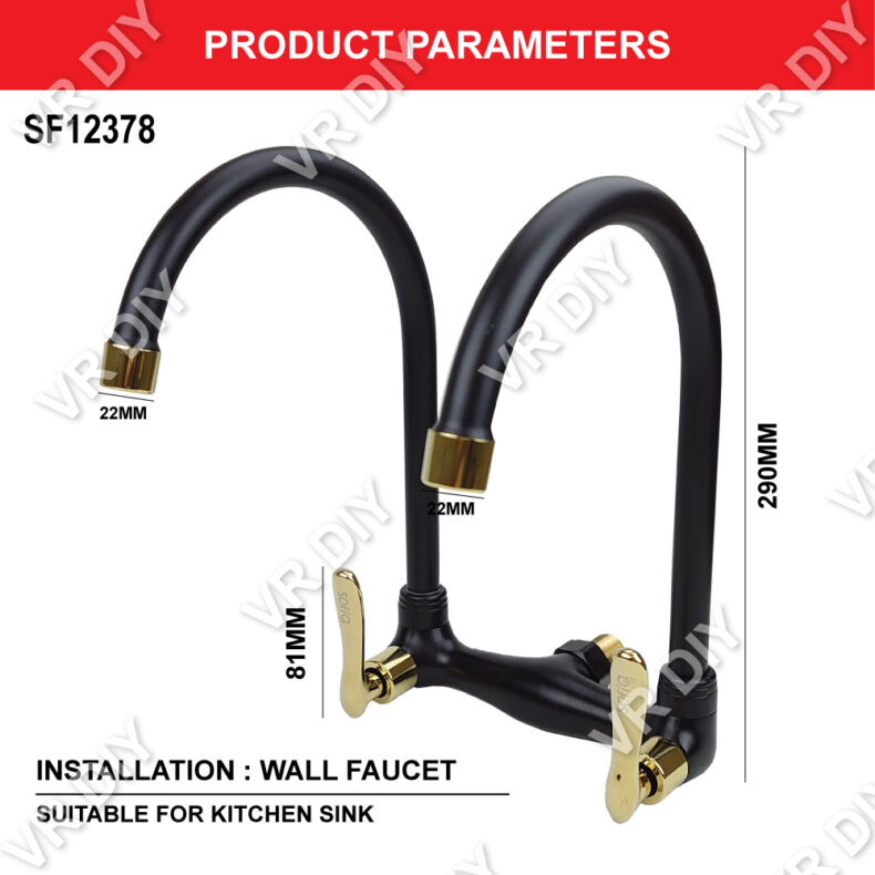 Sofia Double Twin Wall/Pillar Sink Water Tap Black Gold Kitchen Faucet ...
